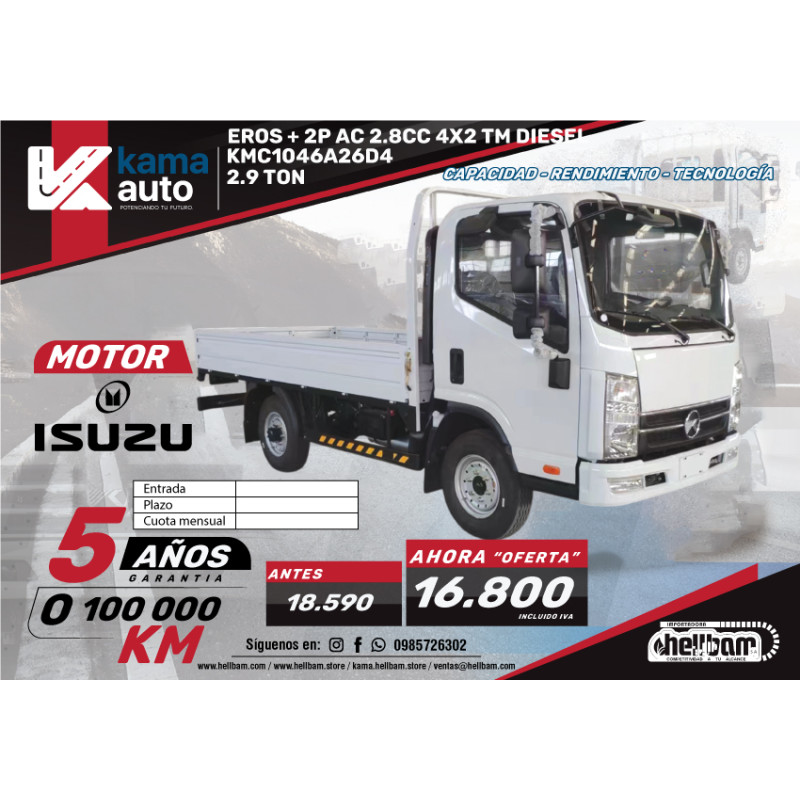 CAMION CABINA SIMPLE CAPACIDAD DE CARGA 2900 KG AC 2.8 2P 4X2 TM DIESEL